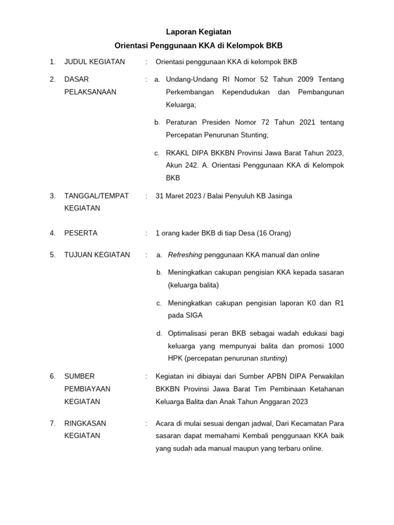 Laporan Kegiatan Orientasi Penggunaan KKA Di Kelompok BKB | PDF