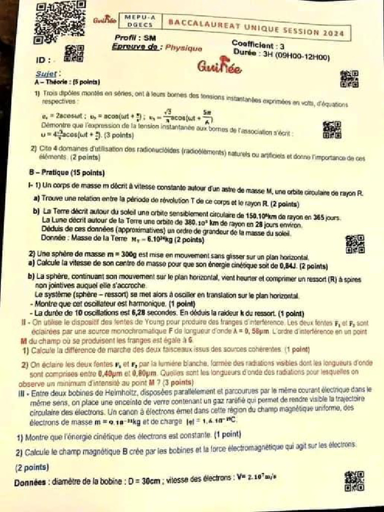 Sujet Et Corrige Bac SM 2024 Physique | PDF