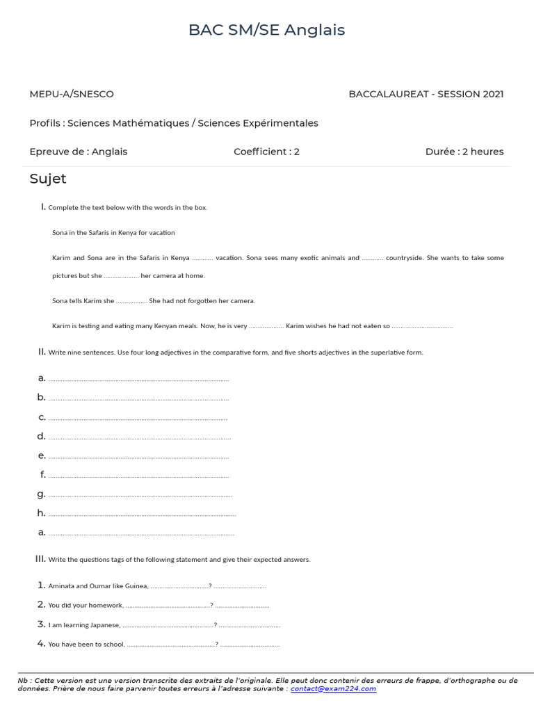 Bac 2025 SM Se Sujet Anglais Probable Guinée | PDF