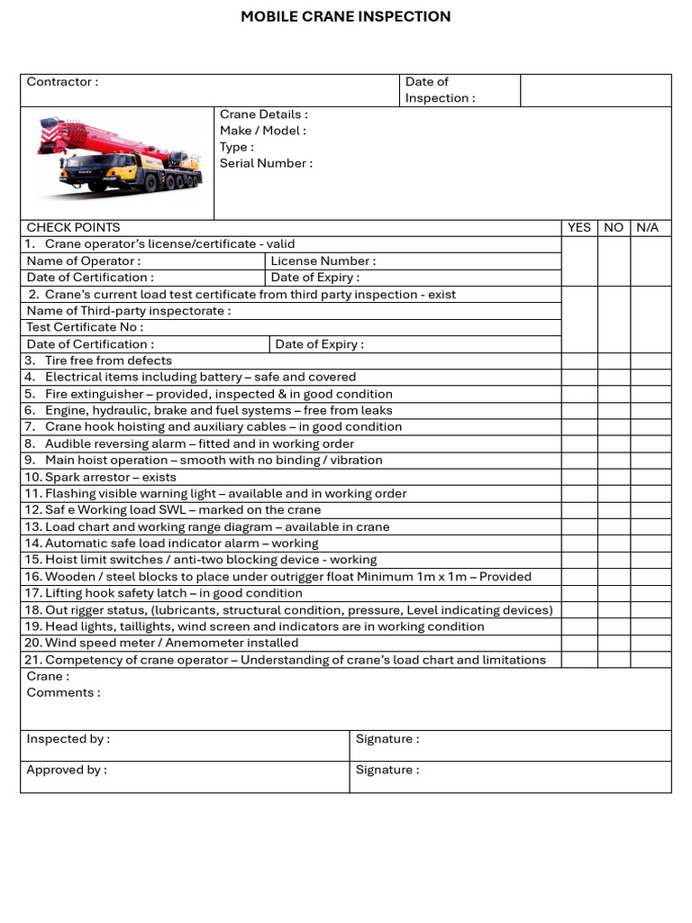 Crane Checklist & Lifting Plan | PDF | Crane (Machine) | Vehicles