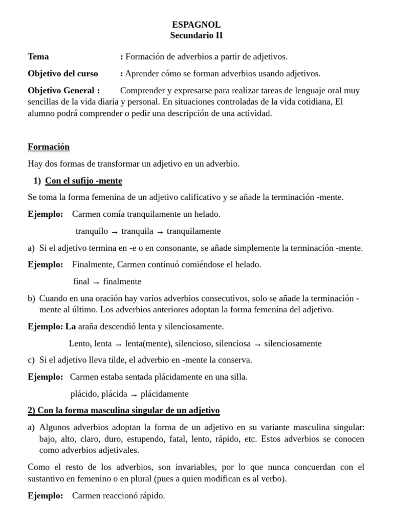 Espagnol - Secondaire II (28 MAI 2024) | PDF | Adverbio | Adjetivo