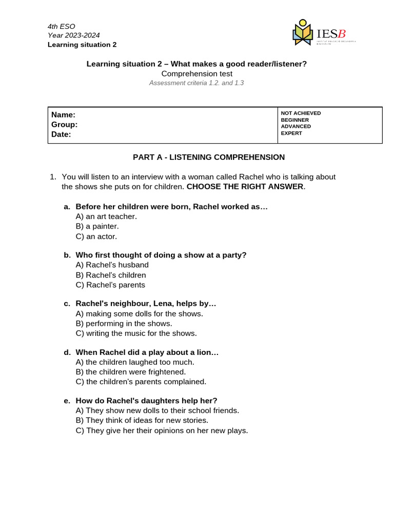 Good Reader/Listener Assessment 2023-2024 | PDF