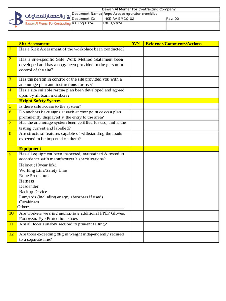 Rope Access Operator Checklist | PDF | Safety | Occupational Safety And ...