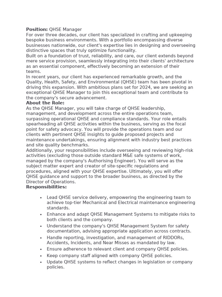Responsibilities of QHSE Manager | PDF | Risk | Procurement