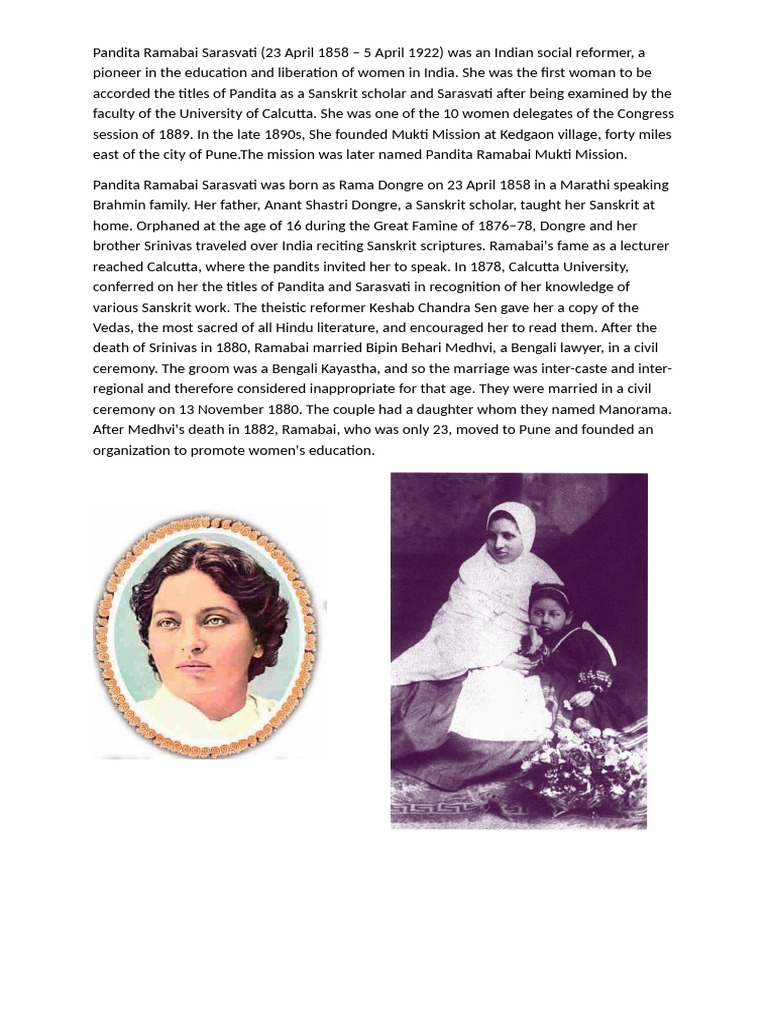 Pandita Ramabai: Women's Reformer | PDF
