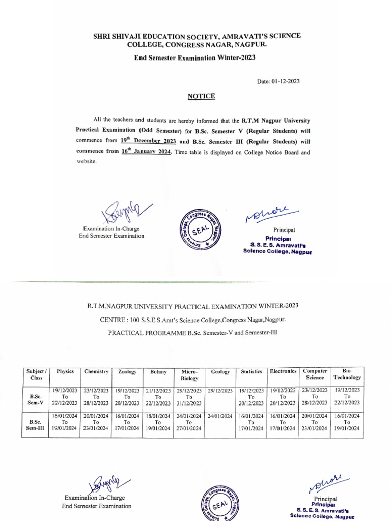 RTMNU PRACTICAL TIME TABLE AND NOTICE BSC SEMESTER V andIII WINTER 23 | PDF