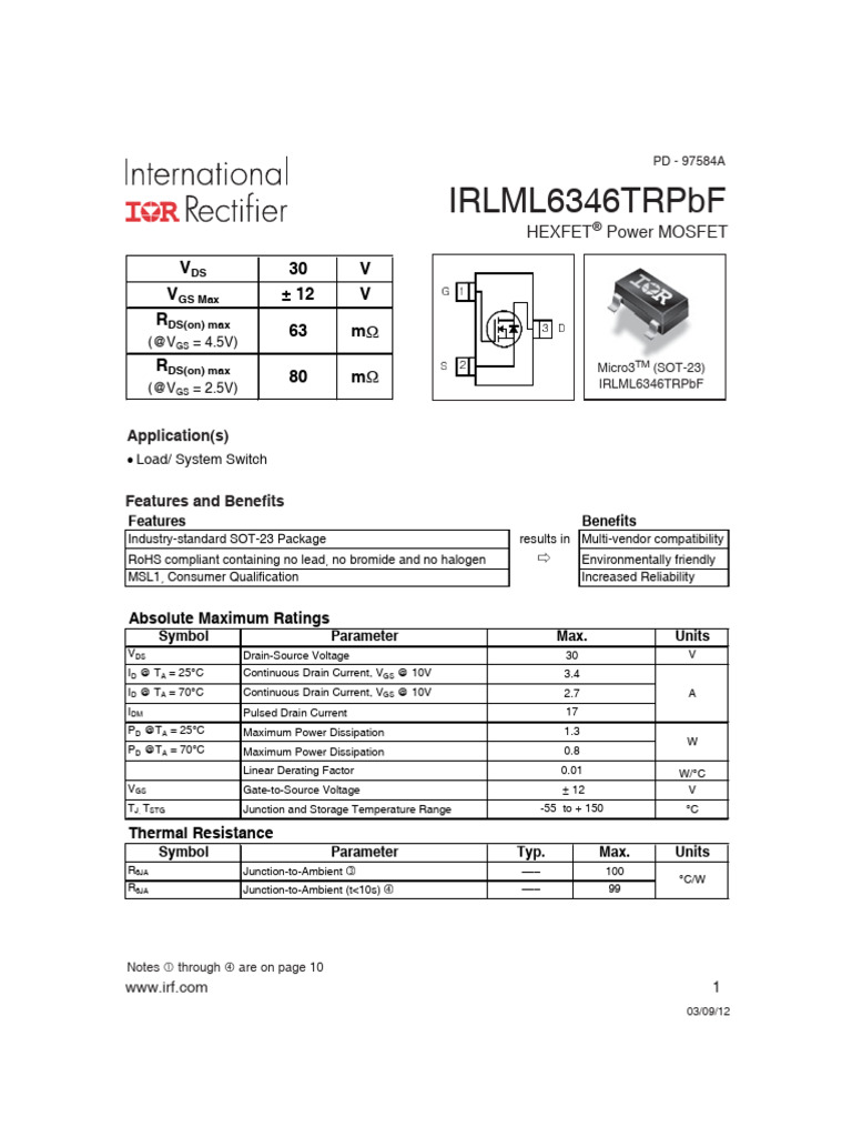 Infineon IRLML6346 DataSheet v01 01 En-3363407 | PDF | Electromagnetism | Manufactured Goods