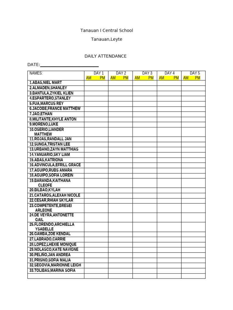 Grade 1 Dahlia Daily Attendance | PDF