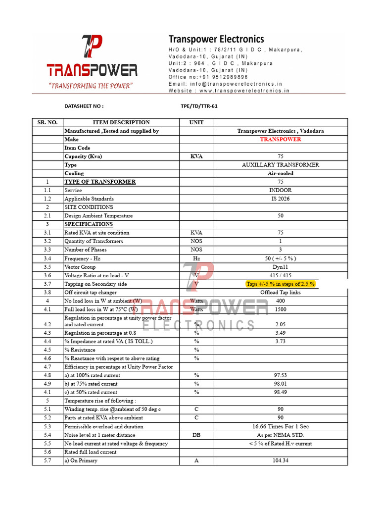 75 KVA Air-Cooled Transformer Datasheet | PDF | Transformer ...