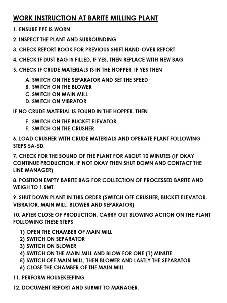 Barite Milling Plant Work Instruction | PDF