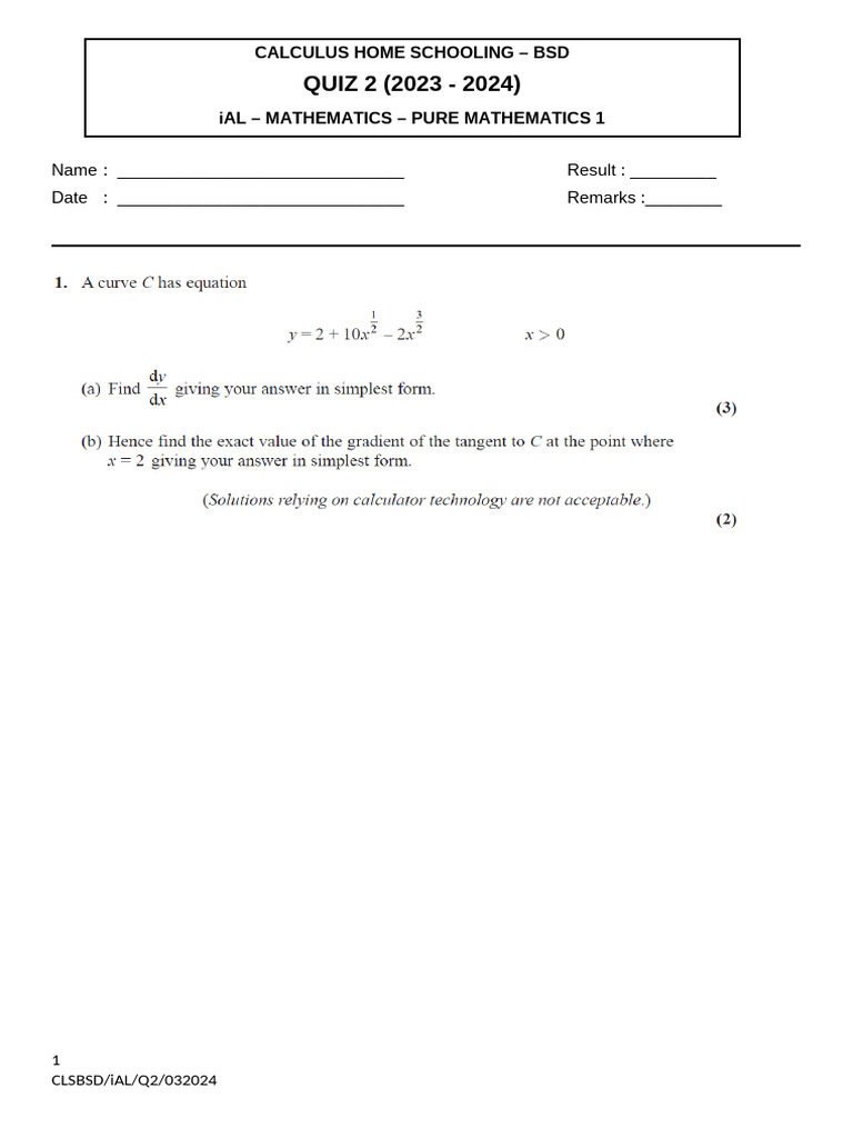 Quiz - 03 - 2024 - Math P1 - Myron | PDF