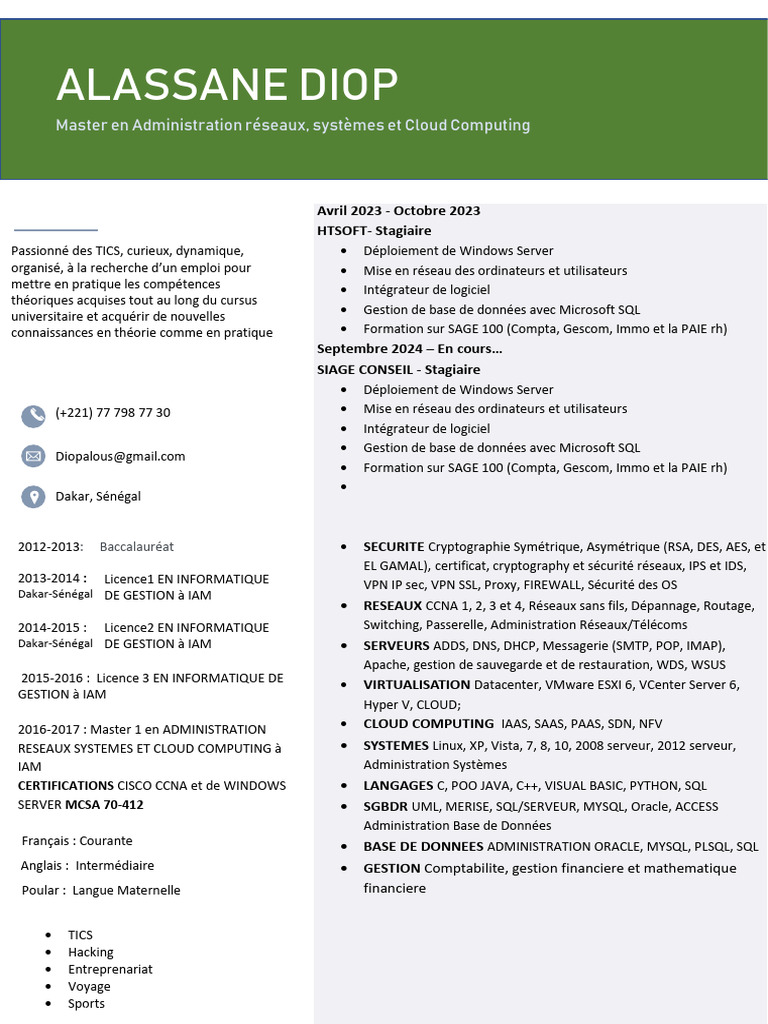 CV d'Alassane Diop en Informatique | PDF | Serveur (Informatique) | MySQL