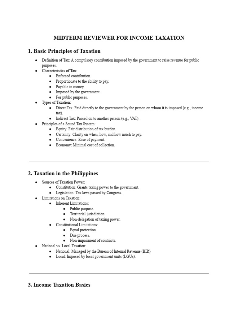 MIDTERM REVIEWER FOR INCOME TAXATION | PDF | Taxes | Gross Income