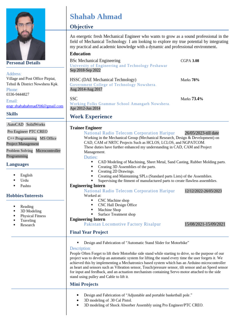 Shahab Resume | PDF | Engineering | Mechanical Engineering
