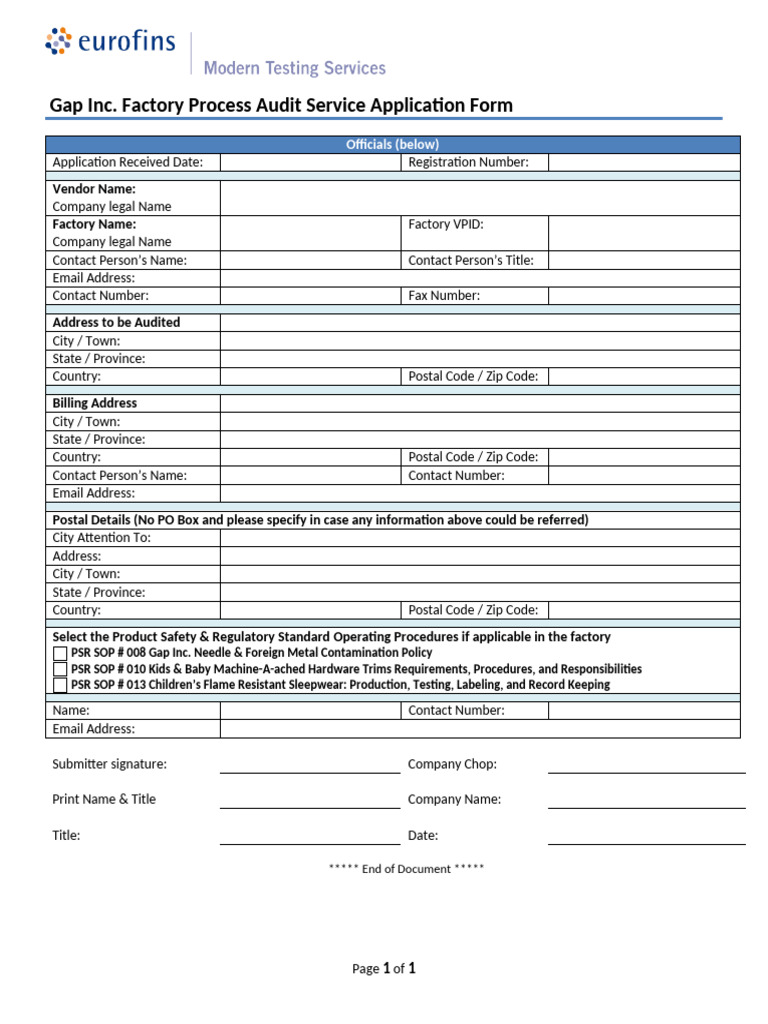 Appendix 01 - Factory Process Audit Application Form-V3 | PDF