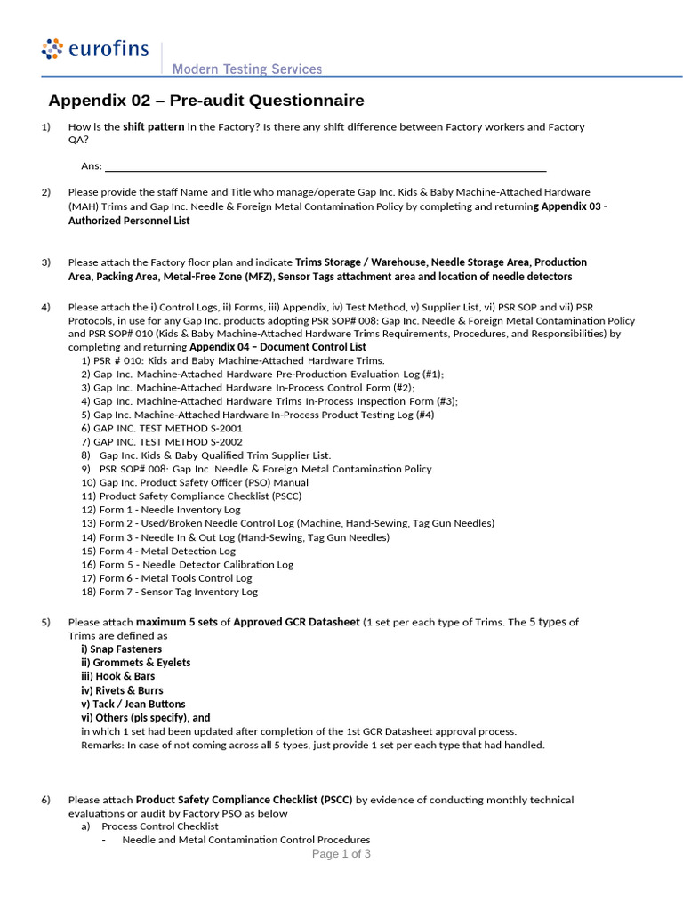 Appendix 02 - Pre-Audit Questionnaire-V3 | PDF | Metal Detector