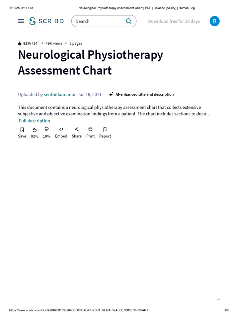 Neurological Physiotherapy Assessment Chart - PDF - Balance (Ability ...