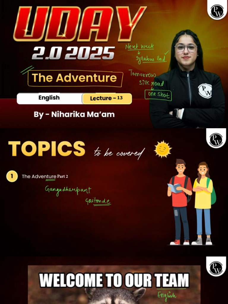 Hornbill 13 - Prose 05 - The Adventure - Class Notes - Uday 2.0 2025 | PDF