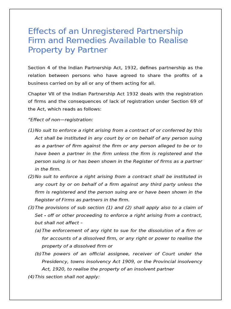 Effects of an Unregistered Partnership Firm and Remedies Available to ...