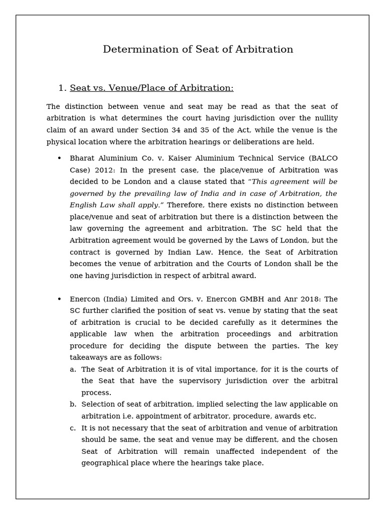 Determination of Seat of Arbitration | PDF | Arbitration | Arbitral ...