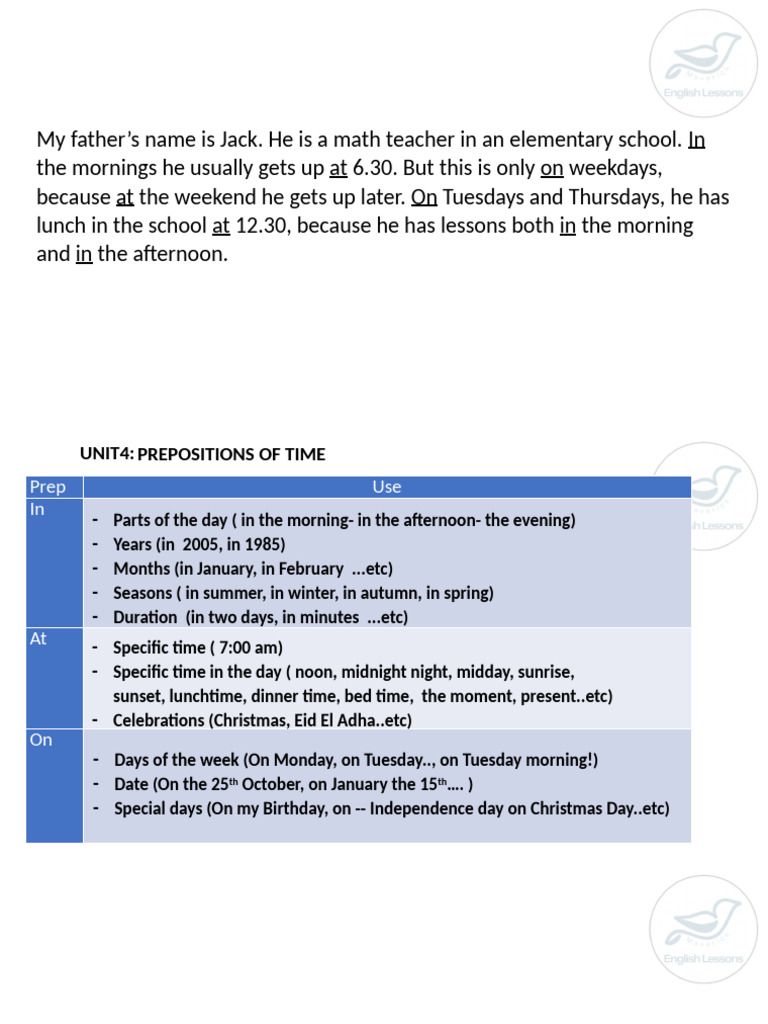 U4 1st Prepositions of Time and Place AVL3G9ROjghK9pN3 | PDF