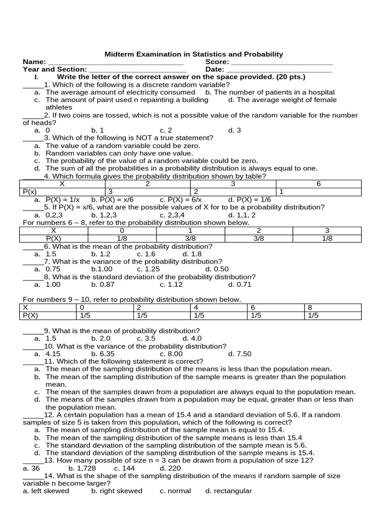 Midterm Exam in Statistics and Probability Grade 11 | PDF | Standard Error | Variance