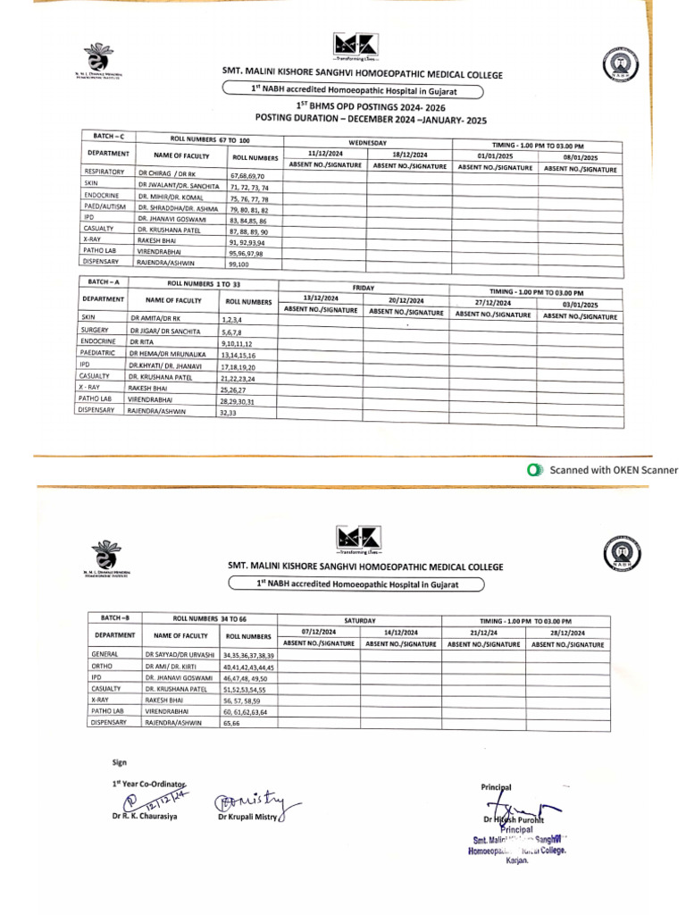 1st BHMS (2024-26) OPD Time Table | PDF