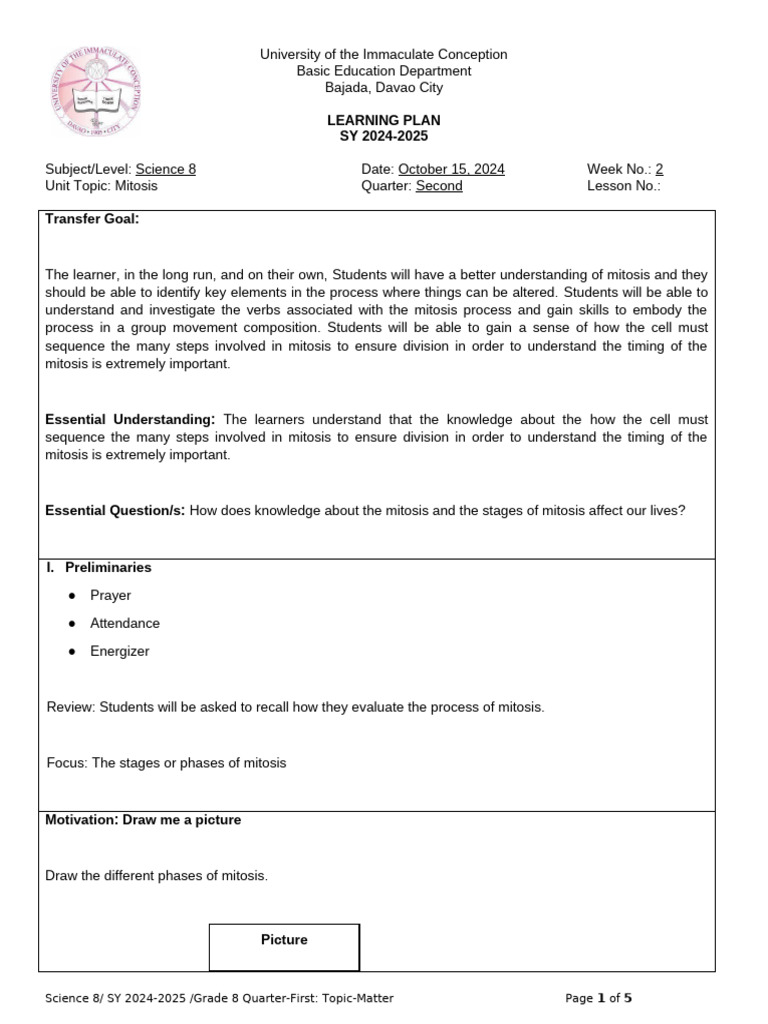Sample Learning Plan | PDF | Mitosis | Cognition