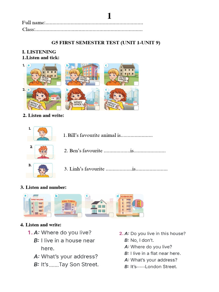 G5 First Semester Test: Listening, Reading, Writing | PDF