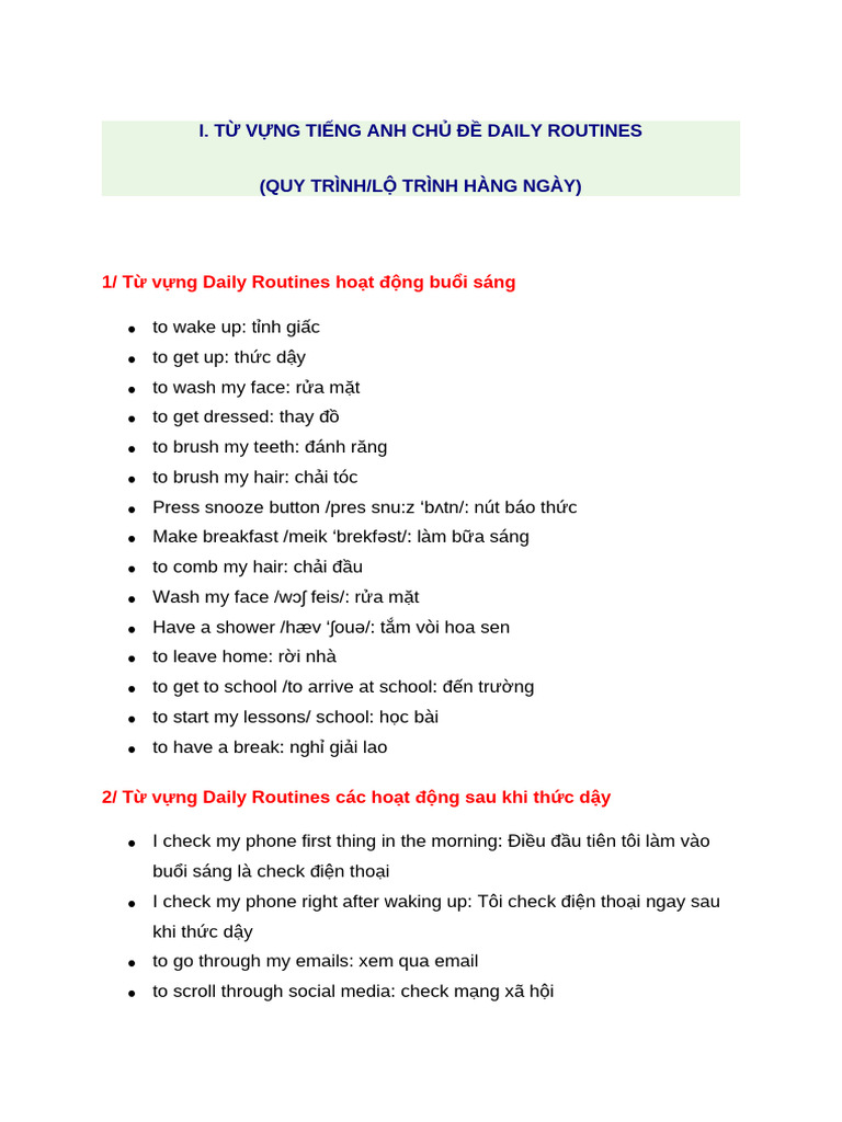 Daily Routines Vocab | PDF