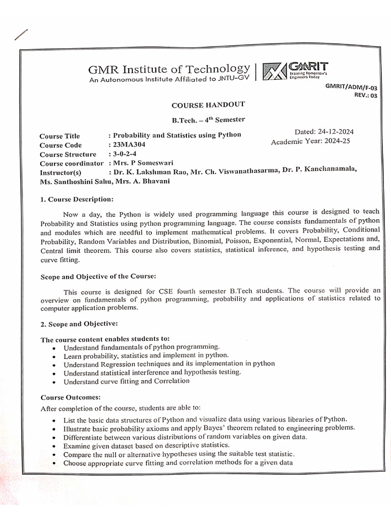Handout_BTech_2024-25_CSE_4th_Sem_PSP | PDF
