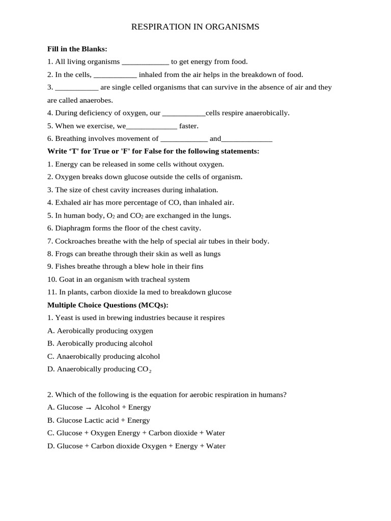 W.S MIX RESPIRATION IN ORGANISM CLASS-7 | PDF | Breathing | Respiratory ...