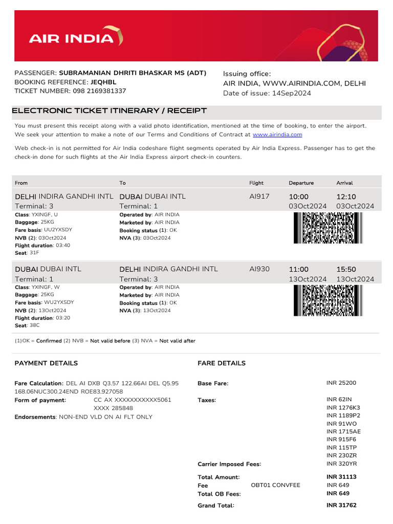 Air India Web Booking Eticket (Jeqhbl) - Dhriti Bhaskar | PDF