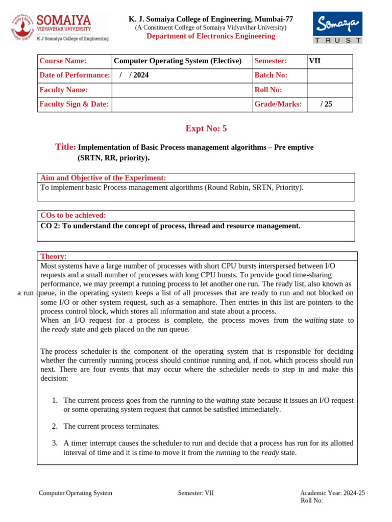 Preemptive Process Sheduling Algorithm | PDF | Scheduling (Computing) | System Software