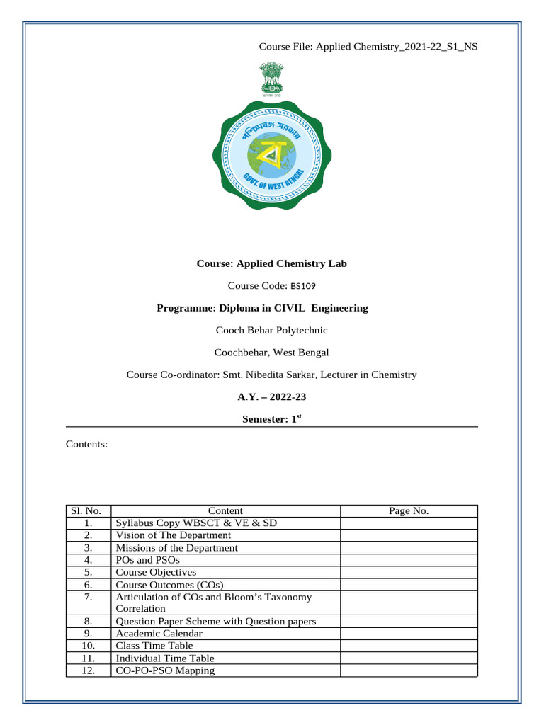 Applied Chemistry Lab Course File 2022-23 | PDF | Engineering ...