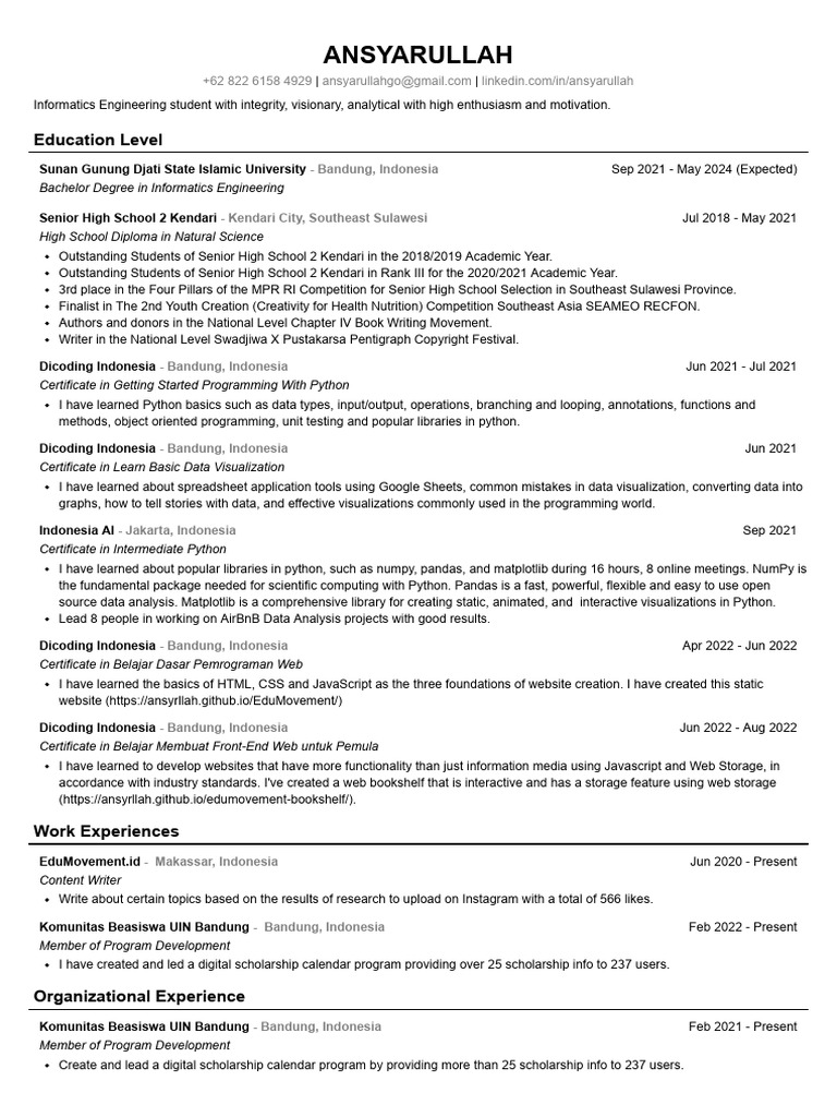 CV Ansyarullah | PDF | Python (Programming Language) | Computer Programming