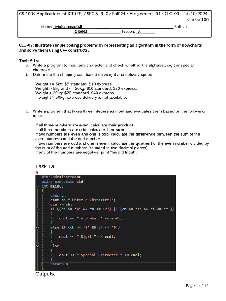 CS1009 - ICT - Assignment-04 - Mohammad Ali - 24i-6002 - A | PDF | Numbers | Computer Programming