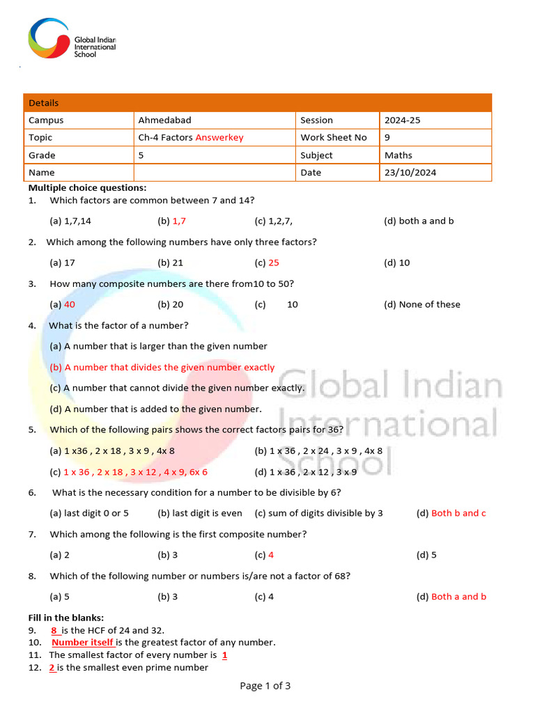2024-25 G_5 Ch_4 Factors answerkey | PDF | Litre