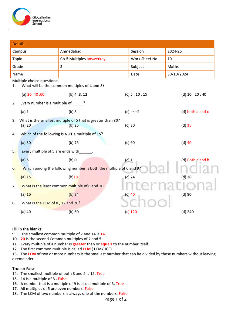 2024-25 G_5 Ch_5 Multiples answerkey | PDF | Mathematics | Arithmetic