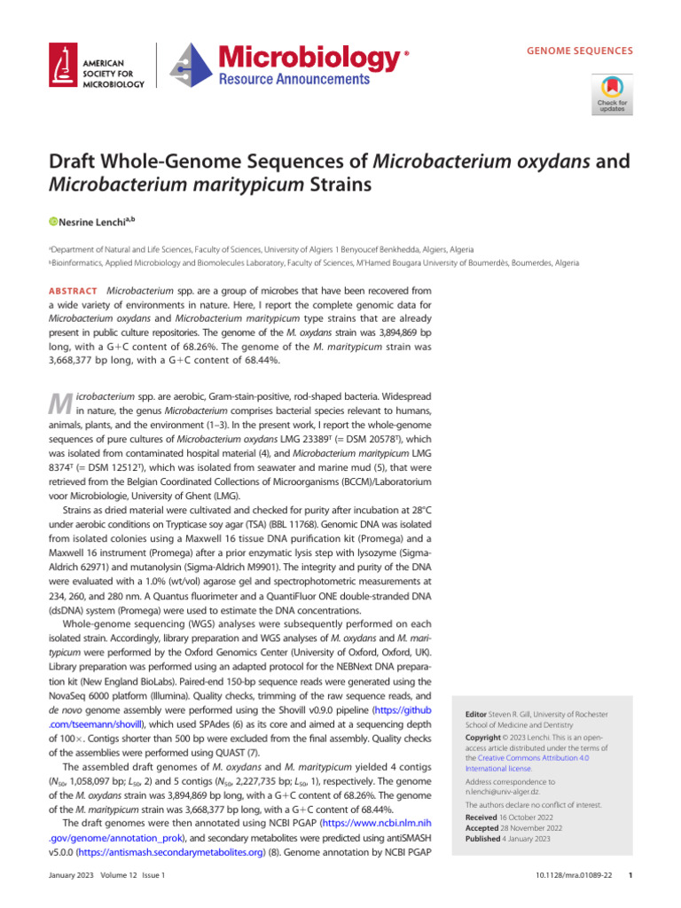 Lenchi Gill 2023 Draft Whole Genome Sequences of Microbacterium Oxydans ...