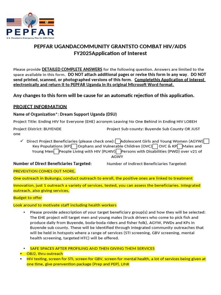 Dream Support PEPFAR Application of Interest | PDF | President's ...