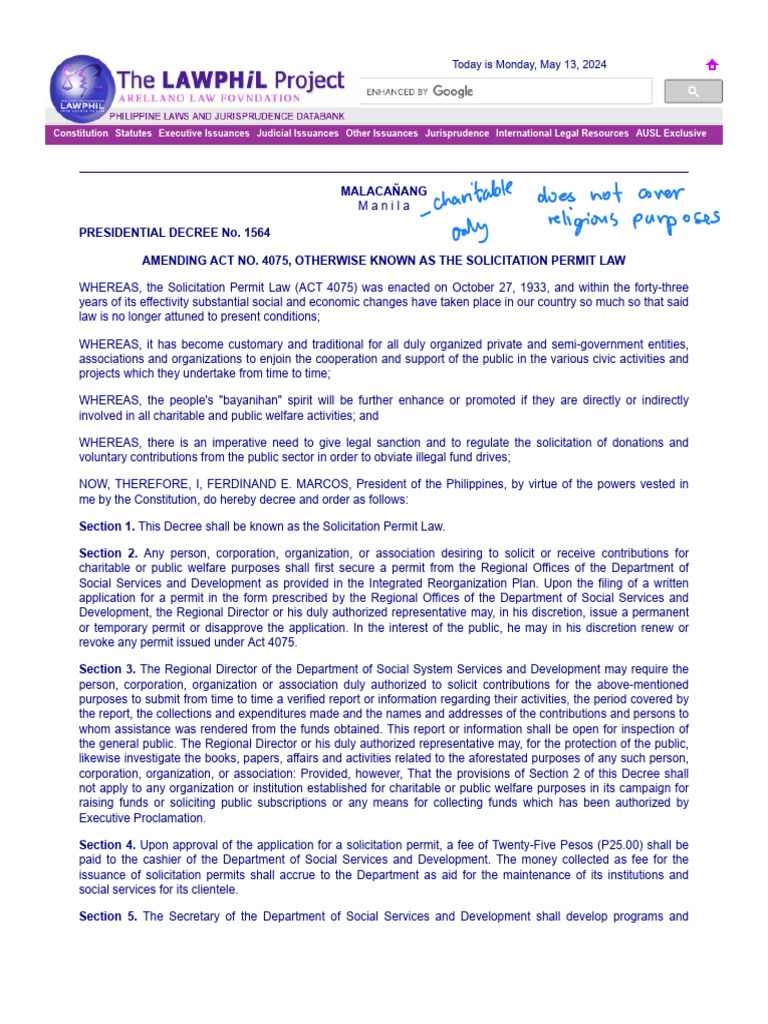 P.D. No. 1564 Solicitation Permit Law | PDF | Fine (Penalty) | Justice