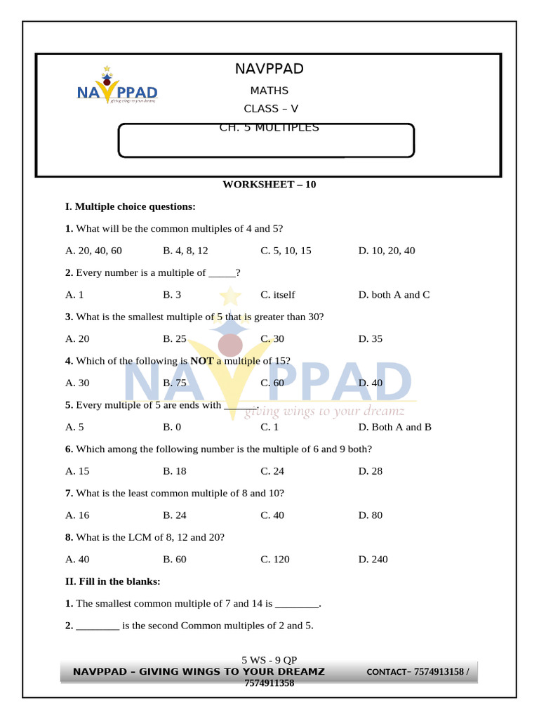 Class-5th Maths CH - Multiples WS-10 | PDF | Mathematical Relations ...