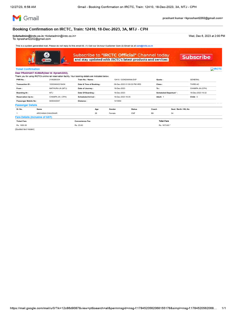IRCTC Train Booking Confirmation | PDF | E Commerce | Transport