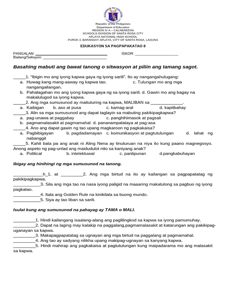 Q2 W1 & W2 - Esp-Pakikipagkapwa | PDF