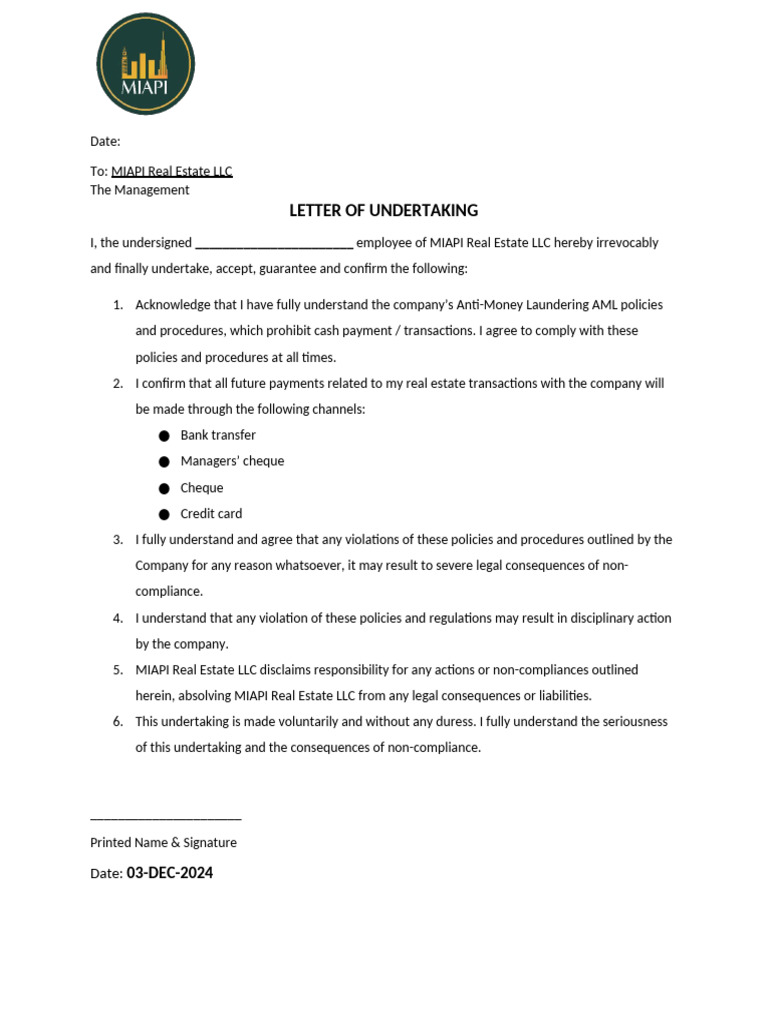 AML Compliance Undertaking | PDF