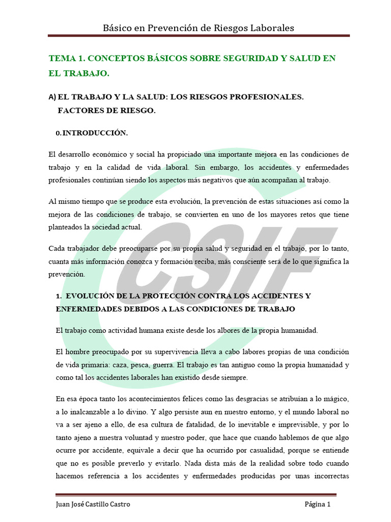 Docu. Tema 1. Conceptos Básicos Sobre Seguridad y Salud en El Trabajo | PDF | Riesgo | Derecho ...