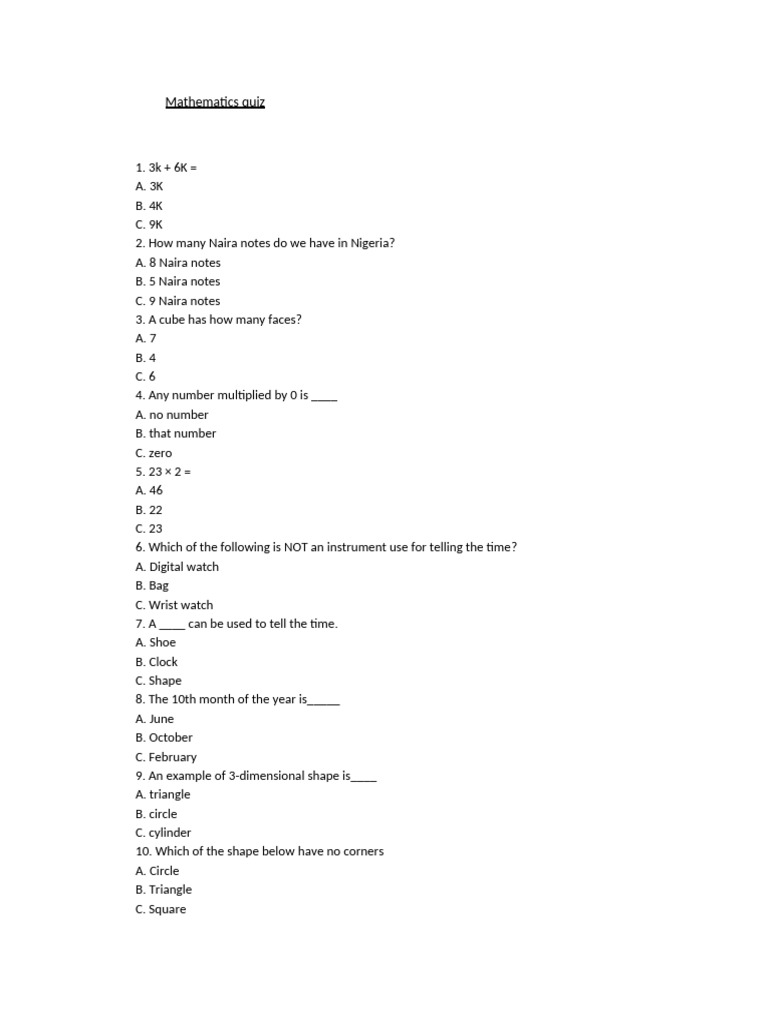 First Mathematics Quiz Questions | PDF