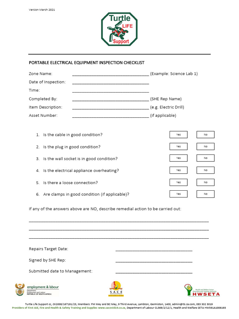 Portable Electrical Equipment Inspection Checklist 05032021 | PDF ...