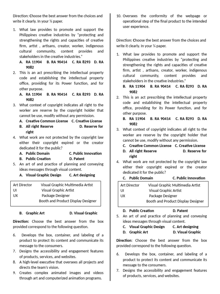 QUIZ FOR GRAPHIC ARTS | PDF | Copyright | Graphic Design